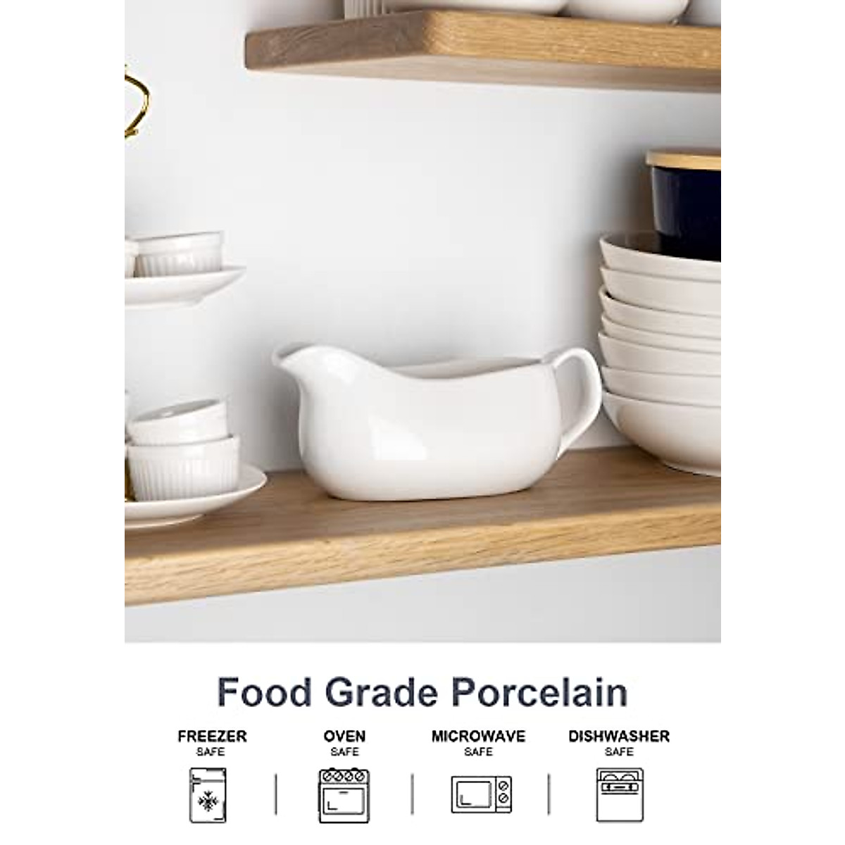 Nucookery Large 14 Oz Gravy Boat With Ergonomic Handle | White Fine Porcelain Saucier With Big Dripless Lip Spout | For Gravy, Warming Sauces, Salad Dressings, Milk, More | Microwave & Freezer Safe