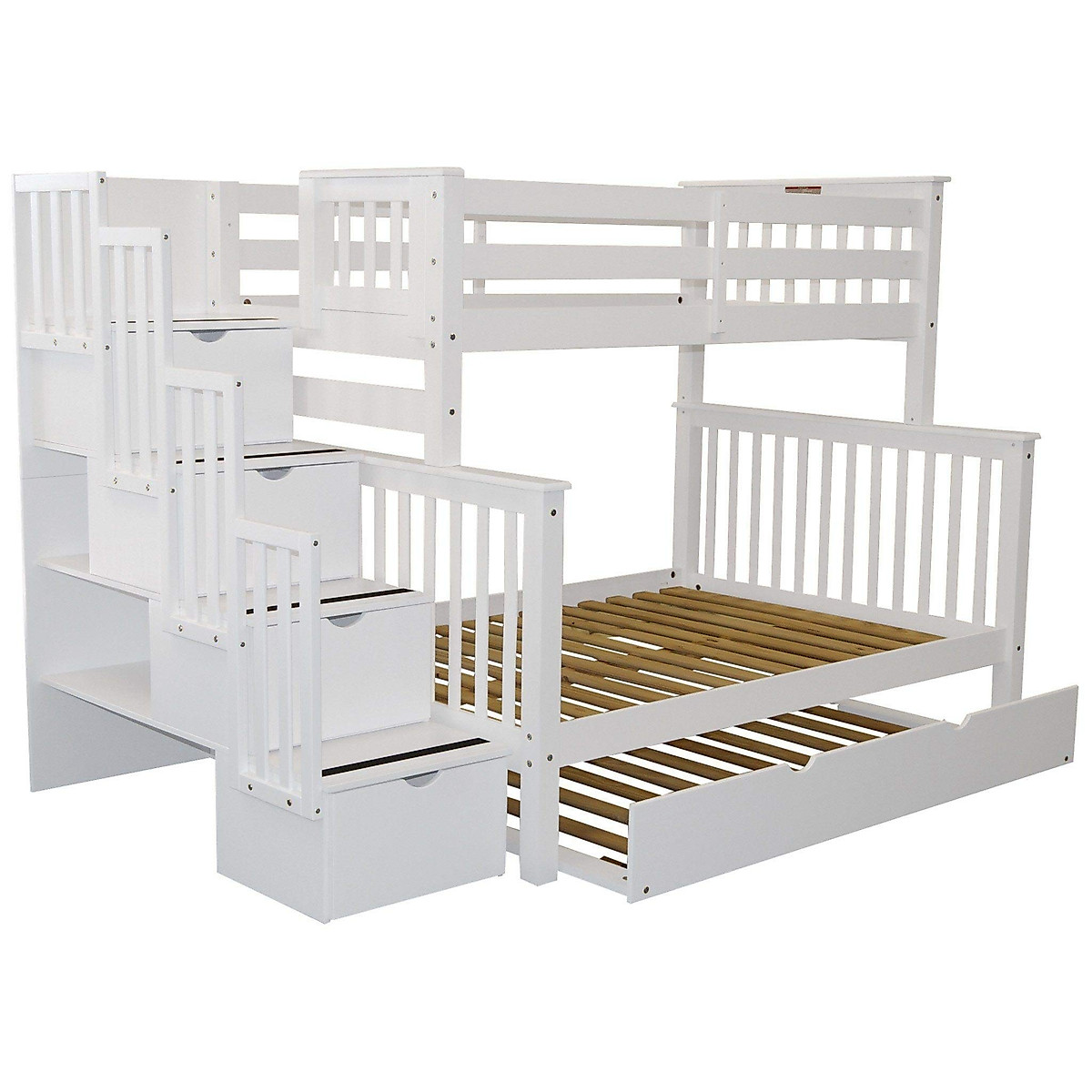 Bedz King Stairway Bunk Beds Twin over Full with 4 Drawers in the Steps and a Twin Trundle, White