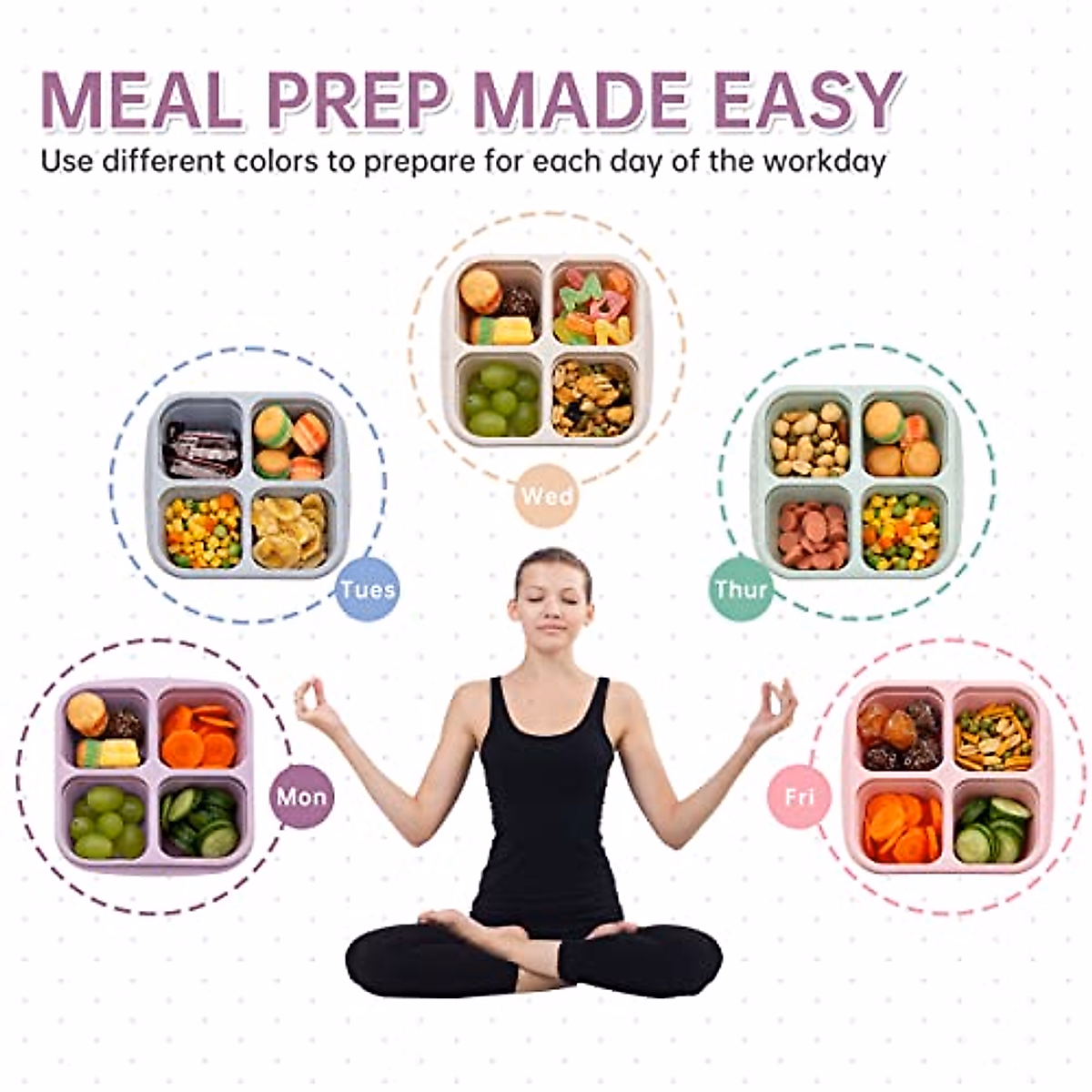 rngwaper 5 Pack Bento Lunch Box，4 Compartment Snack Containers，Divided Bento Snack Box，Meal Prep, Lunch Box Kids/Toddle/Adults,Food Storage Containers for School, Work and Travel (Multicolor-1)