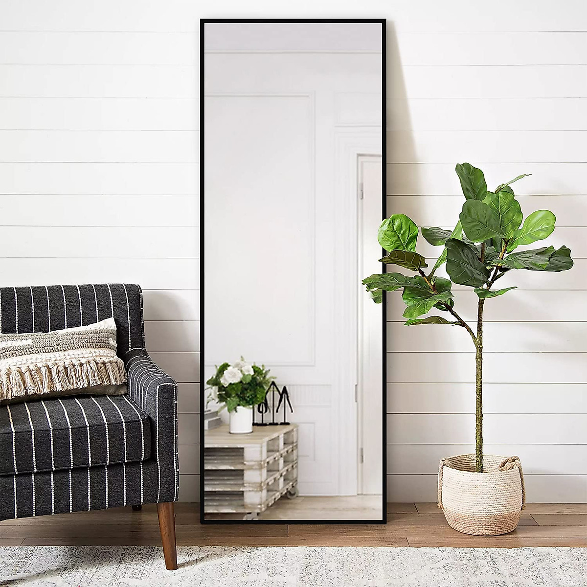 poshions Full Length Mirror 65''×22''Wall Mounted Mirror Free Standing Mirror with a Stand,Full Body Mirror Dressing Mirror with Aluminum Alloy Thin Frame,Black