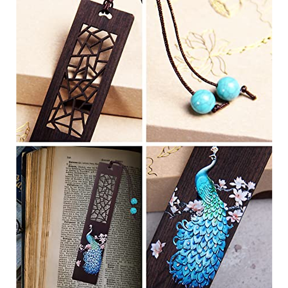 KAIY Handmade Wooden Bookmark Gift Box, Natural Hard Wood Bookmark Peacock Hollowed Out Pattern Color Drawing Bookmark with Tassel, Birthday Gifts for Women Men Teachers Girls Mom Lady Book Lover