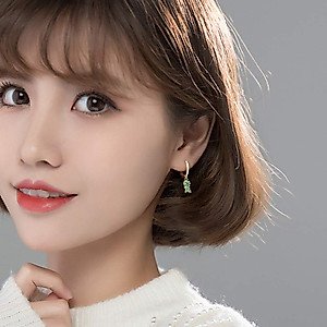 Cute Dinosaur Dangle Hoop Earrings S925 Sterling Silver Green Cubic Zirconia Animal Dangling Charm Drop Huggie Hoops Studs Earring Jewelry Gifts for Women (Yellow Gold)