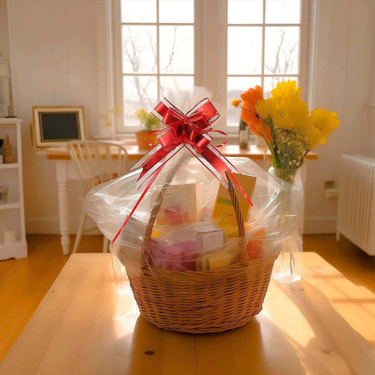 ELTNEGSA 30x45 Inch Clear Basket Bags, 10 Pack Large Cellophane Wrap Bags Basket Packaging Bags with 10pcs Bows for Christmas Gift Packages Fruit Basket