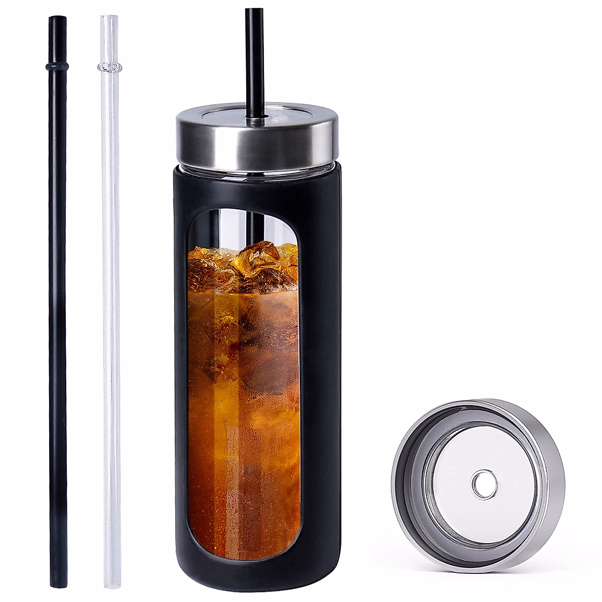 Kodrine 24 oz Glass Water Tumbler with Straw and Lid, Wide Mouth Water Bottle, Straw Silicone Protective Sleeve BPA FREE-Black