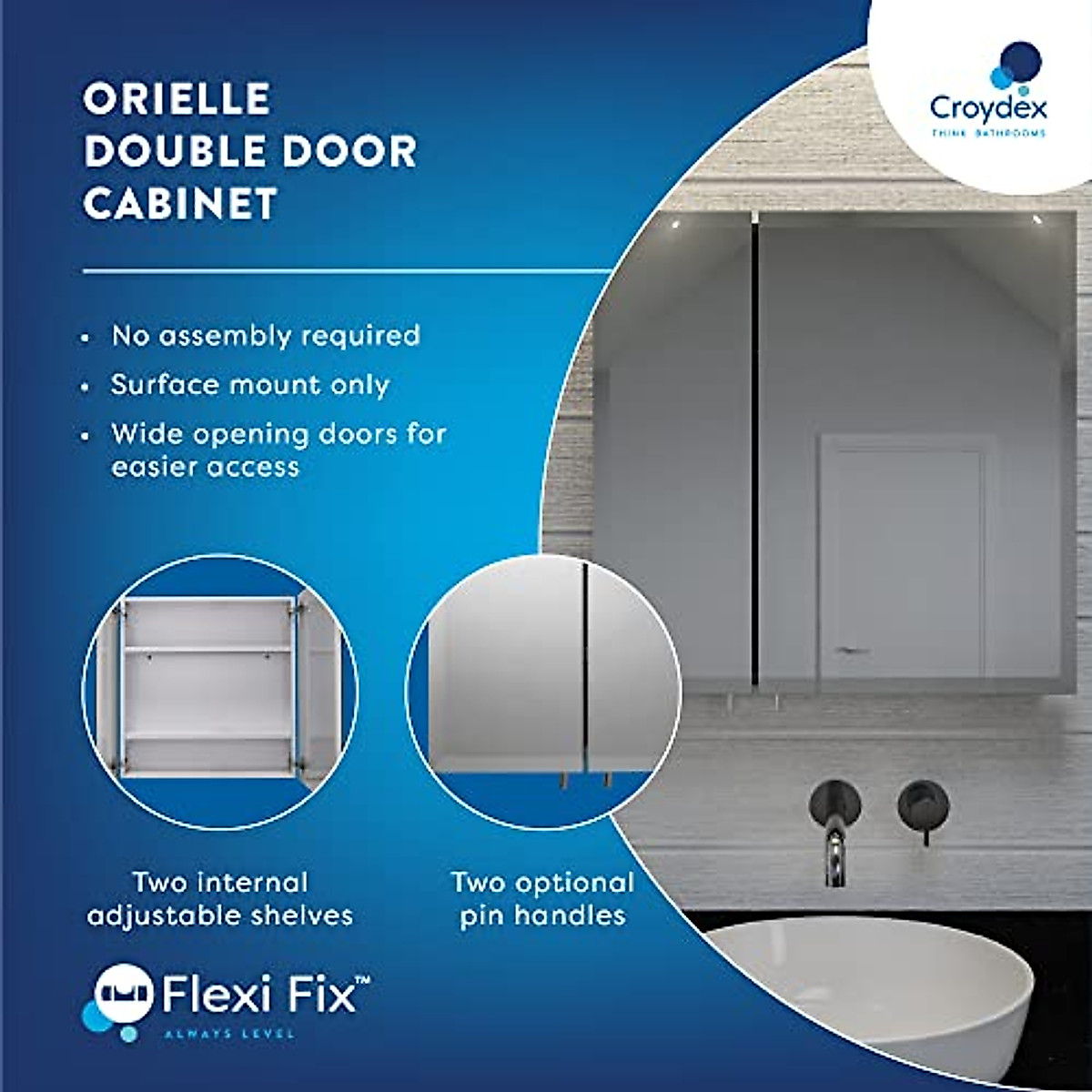 Croydex Oreille Bi-View, Surface Mount, Hang 'n' Lock Easy Installation Medicine Cabinet, 24W x 24H, White Steel