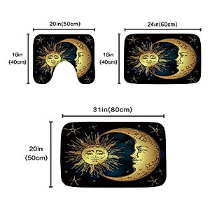 Sun and Moon Bathroom Rugs and Boho Chic Art Stars Over Blue Black Sky Mats Sets 3 Piece, Velvet Memory Foam Antique Style Bath Mat, Large Small and U-Shaped Contour Shower Mat Non-Slip Washable