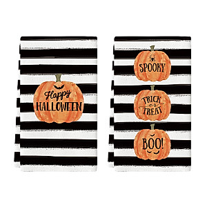 Artoid Mode Watercolor Stripes Happy Halloween Kitchen Towels and Dish Towels, 18 x 26 Inch Spooky Trick Boo Pumpkins Holiday Ultra Absorbent Drying Cloth Hand Towels for Cooking Baking Set of 2