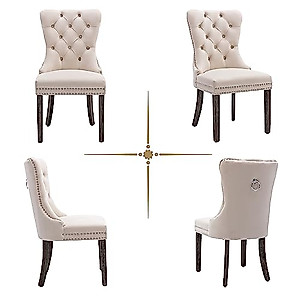 civama Velvet Dining Chairs Set of 6, Upholstered Tufted Dining Chairs with Nailhead Trim Back Pull Ring, Nikki Collection Elegant Armless Kitchen Chair with Solid Wood Legs, Beige