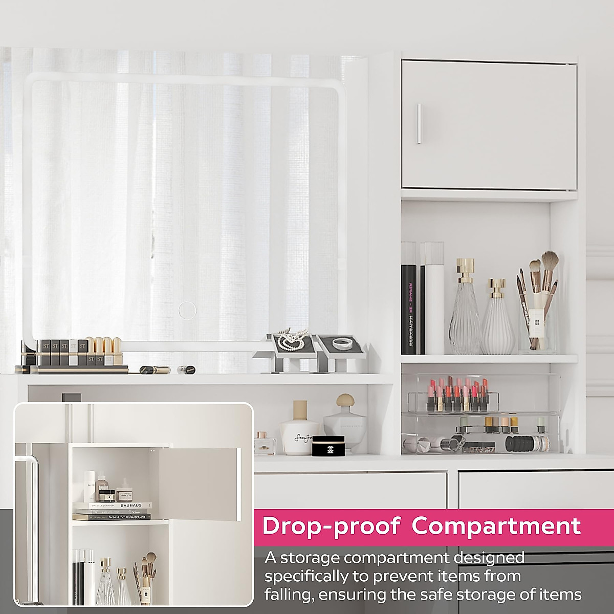 MIRROTOWEL Vanity Desk with Mirror and LED Light Strip,Dressing Table with Large Drawer, 3 Level Storage Dresser & 3 Lighting Modes Adjustable Brightness, Suitable for Bedroom