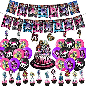 Monster Party Decorations,Birthday Party Supplies For Monster Girl Party Supplies Includes Banner - Cake Topper - 12 Cupcake Toppers - 18 Balloons- 6 Hanging Swirls