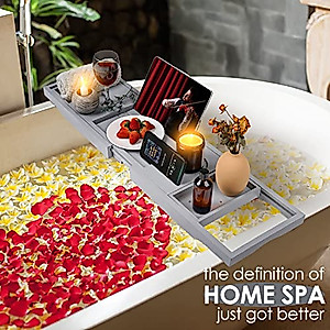 Foldable Bathtub Caddy Tray, Bamboo Bath Tub Tray Table for Tub with Wine Glass Holder Book Phone Tablet Holder with Extending Sides, Adjustable Bathroom Bathtub Free Soap Holder Gift Idea (Grey)