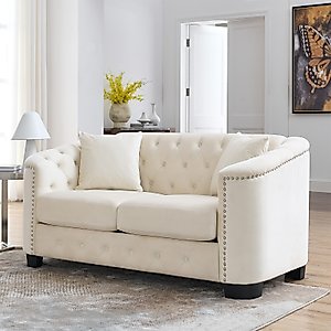 JEEOHEY Sofa,Chesterfield Sofa,Velvet Sofa Couch,Oversized Loveseat Sofa,2 Seater Sofa Chair with Button Nailhead,Upholstered Deep Seat Sofa,Futon Couches for Living Room,Bedroom,Office(Beige