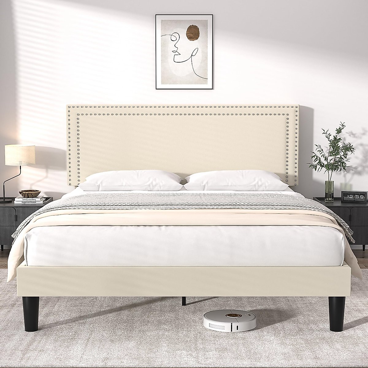 VECELO Queen Size Platform Bed Frame with Height Adjustable Upholstered Headboard, Modern Mattress Foundation,Strong Wood Slat Support, No Box Spring Needed, Easy Assembly