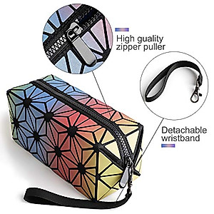 Luminous Pencil Bag Large Capacity Portable Pencil Pouch Geometric Pen Bag Pencil Case Zipper Stationery Bag with Wrist Strap
