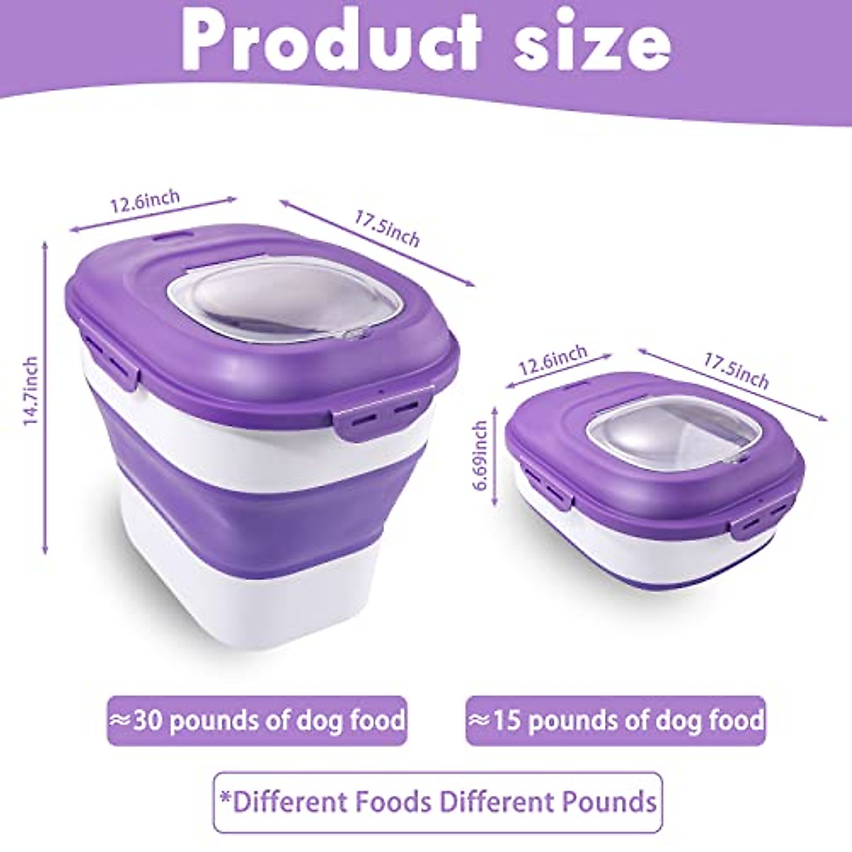 SUT Foldable Food Storage Container with Measuring Cup, Lid&Wheels, 15 Lbs Dog Cat Pet Food Storage Container, 30 Lbs Airtight Cereal Flour Rice Storage Container, Leakproof Sealable Dry Holder,Purple
