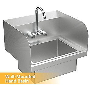 Bonnlo Upgraded Commercial Hand Wash Sink Stainless Steel Prep/Bar Sink with Side Splash Guard - Wall Mount Utility Sink Hand Washing Basin with Faucet for Commercial Restaurant RV Kitchen