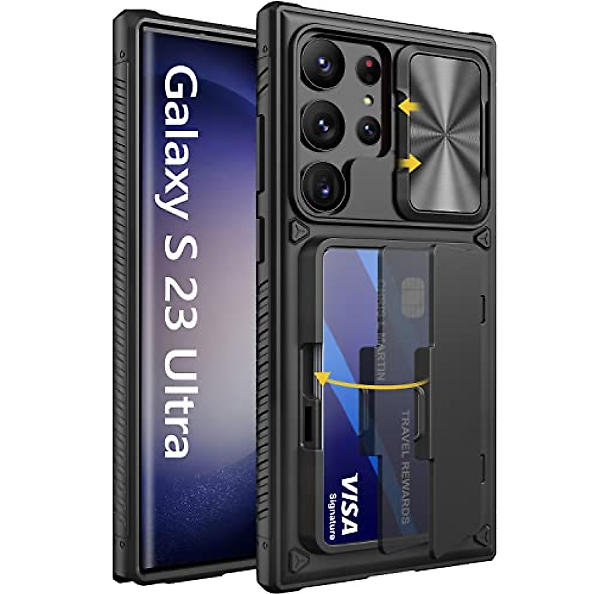 Vihibii Case with Card Holder (4 Cards) & Sliding Camera Cover & Kickstand, Shockproof Rugged Hard Back & TPU Edge Wallet Case for Samsung Galaxy S23 Ultra 5G 6.8" 2023 , Black