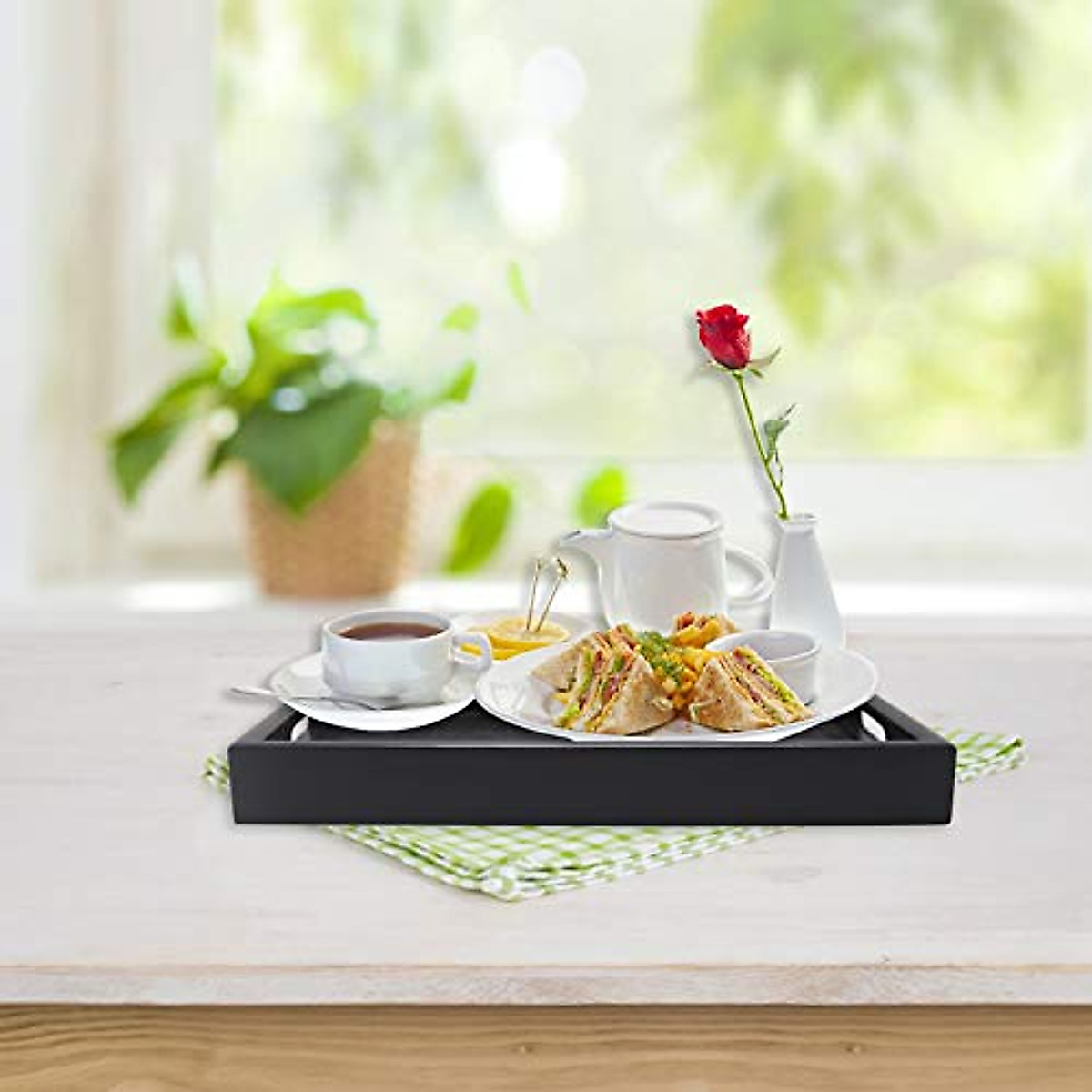 Solid Wood Serving Tray, Rectangle with Handle Hole Non-Slip Tea Coffee Snack Plate Food Meals Serving Tray with Raised Edges for Home Kitchen Restaurant(11.8x7.9x1.4, Black)