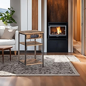 VGWHY End Table with Charging Station, 3 Tier Side Table with USB Ports and Power Outlets, Rustic Brown Night Stand for Living Room, Bedroom