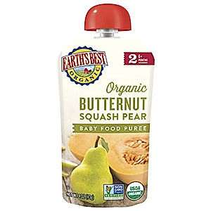 Earth's Best Organic Baby Food Pouches, Stage 2 Fruit and Vegetable Puree for Babies 6 Months and Older, Organic Butternut Squash and Pear Puree, 4 oz Resealable Pouch