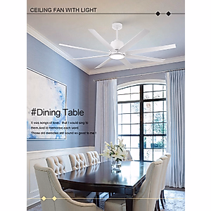 FookChak 65in White Large Ceiling Fan with Lights Remote Control 8-Blade Outdoor Ceiling Fan Light for Patio, Multi-speed Reversible Airflow for Garage Home Office Gym Room Living Room Bedroom