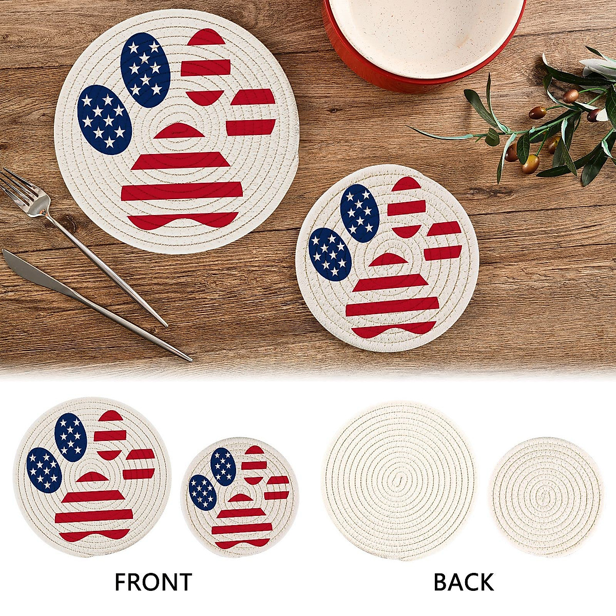Kitchen Pot Holders Set 2 Pcs Cotton Thread Weave Trivets Set Stylish Coasters for Hot Dishes Pot Bowl Coffee Hot Pot Holders Dog Paws USA American Flag Filled
