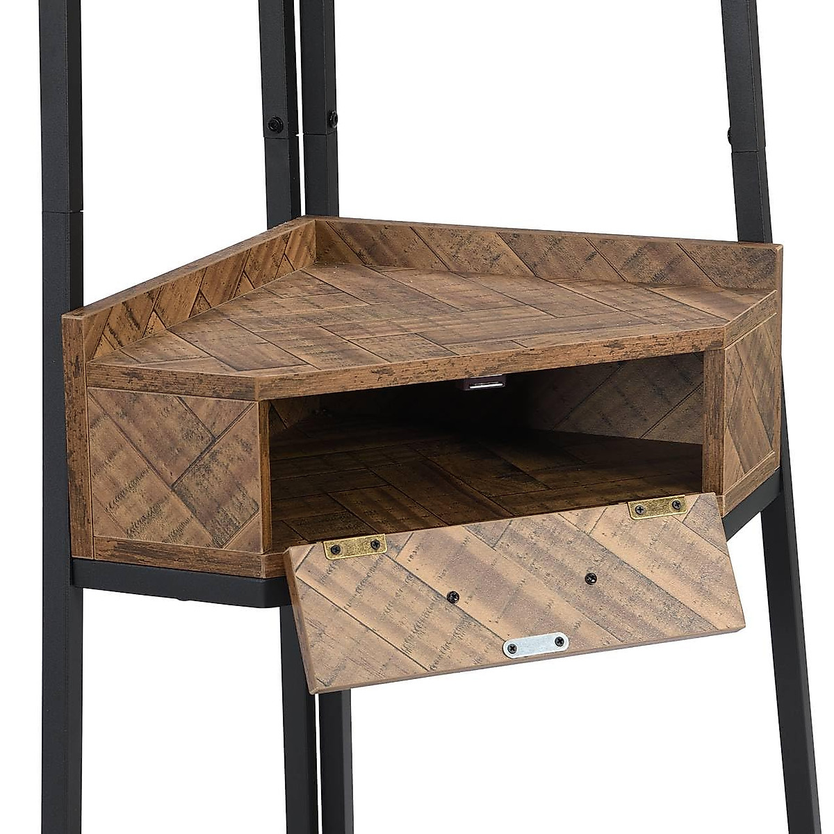 ELzEy Corner Shelf with Two Drawers Tall 4-Tier Industrial Bookcase Black