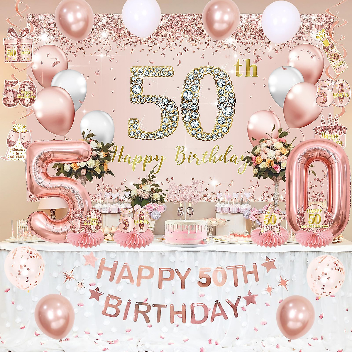 Trgowaul 50th Birthday Decorations for Women,23pcs Rose Gold Happy Birthday Party Supplies,Backdrop, Hanging Swirl Flag,Birthday Balloons,50 Year Old Birthday Set