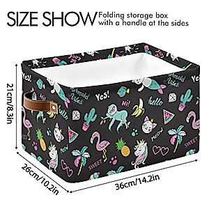 Large Foldable Storage Basket Unicorn Flamingo Toucan Cat Storage Bin Canvas Toys Box Fabric Decorative Collapsible Organizer Bag with Handles for Bedroom Home
