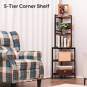 ALBAD 5 Tier Corner Shelf Stand, 59.8 Inch Corner Shelf Stand with Metal Frame, Wood Corner Bookshelf Plant Stand, Ladder Display Shelf for Bathroom, Living Room, Kitchen