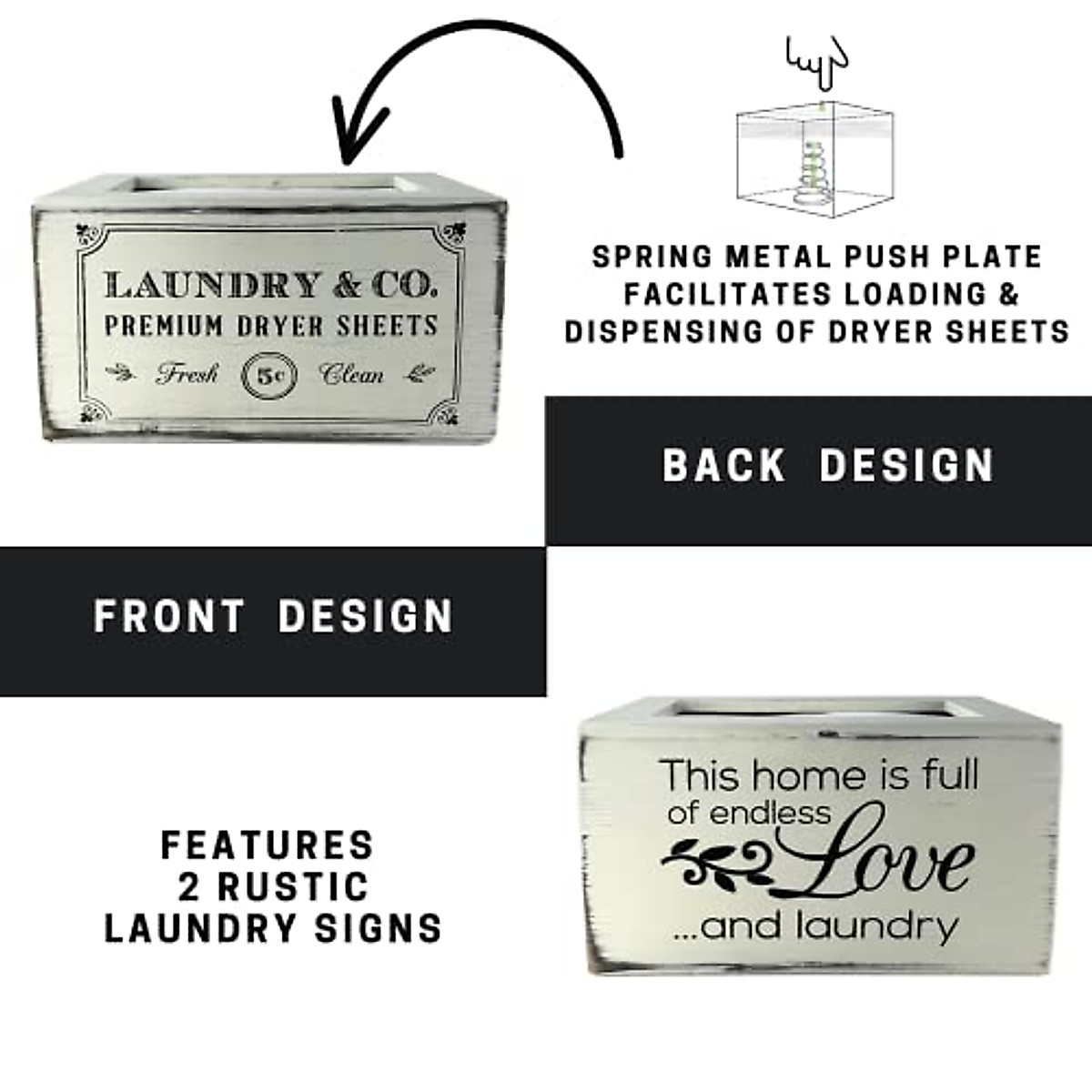 Adore Galore Decor Dryer Sheet Dispenser – Neat Wood Dryer Sheet Holder for Fabric Softener Sheets with Metal Dispensing Push Plate and 2 Laundry Signs - Farmhouse Laundry Room Decor (Ivory)