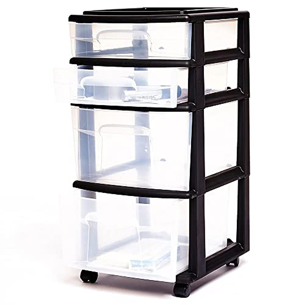 Homz Plastic 4 Clear Drawer Medium Home Organization Storage Container Tower with 2 Large Drawers and 2 Small Drawers, Black Frame