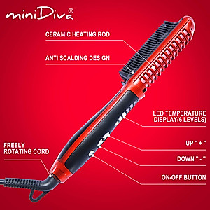 Minidiva 2-in-1 Hair Curler and Straightener with Anti-Scald, 30s Fast Ceramic Heating, 6 Heat Levels, Auto Off, 360 Swivel Cord Portable Hot Hair Straightener Brush for Home, Travel (Red)