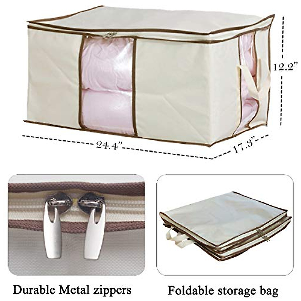 MISSLO Jumbo Zippered Storage Bags for Closet King Comforter, Clothes, Blanket Organizers Heavy Fabric Space Saver