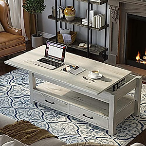 Rolanstar Coffee Table, Lift Top Coffee Table with Drawers and Hidden Compartment, Retro Central Table with Wooden Lift Tabletop, for Living Room,Grey