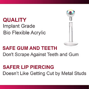 bodyjewellery 4Pcs 16g 5/16 Labret Studs Lip Conch Bioflex Push In Monroe Ring Tragus Marilyn Spider Snake Bites Clear Black AB Crystal