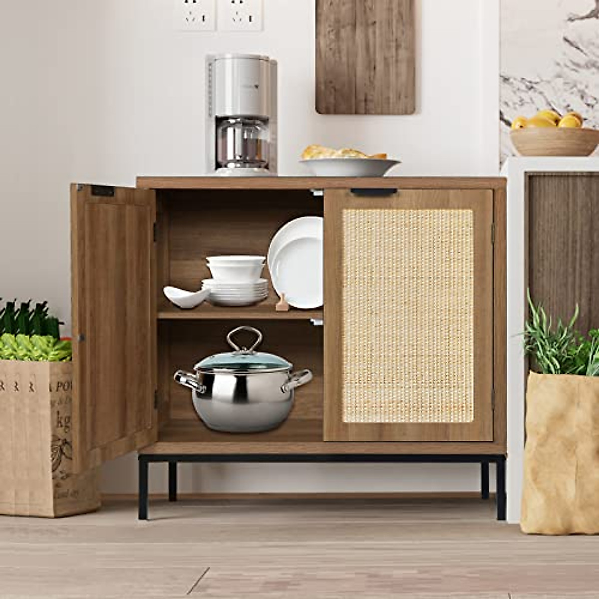 Anmytek Rustic Oak Accent Storage Cabinet with 2 Rattan Doors, Mid Century Natural Wood Sideboard Furniture for Living Room H0045
