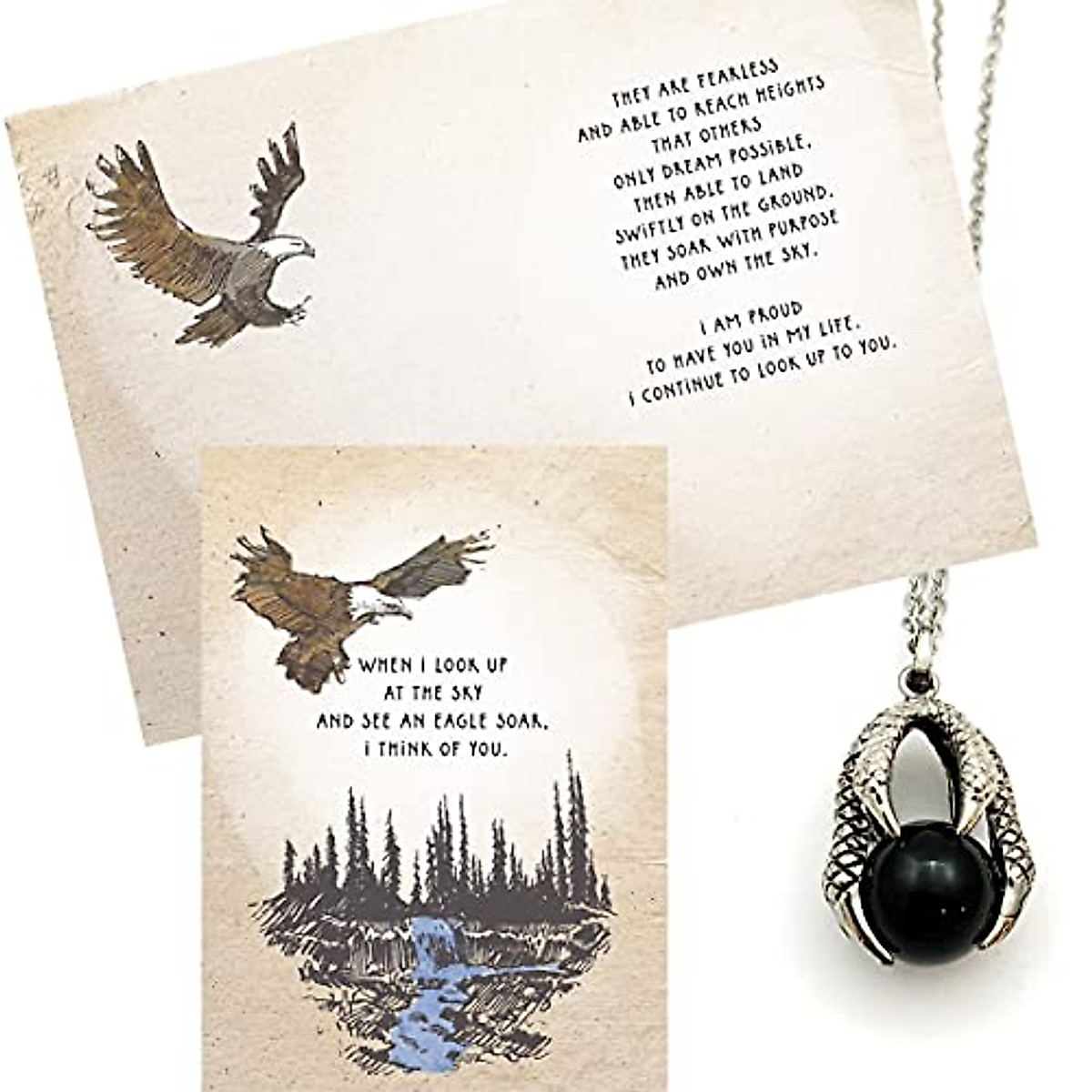 Smiling Wisdom - Eagle Claw - I Look Up to You Greeting Card and Necklace Gift Set - Stainless Steel Chain - Dad Brother Friend - Black Silver