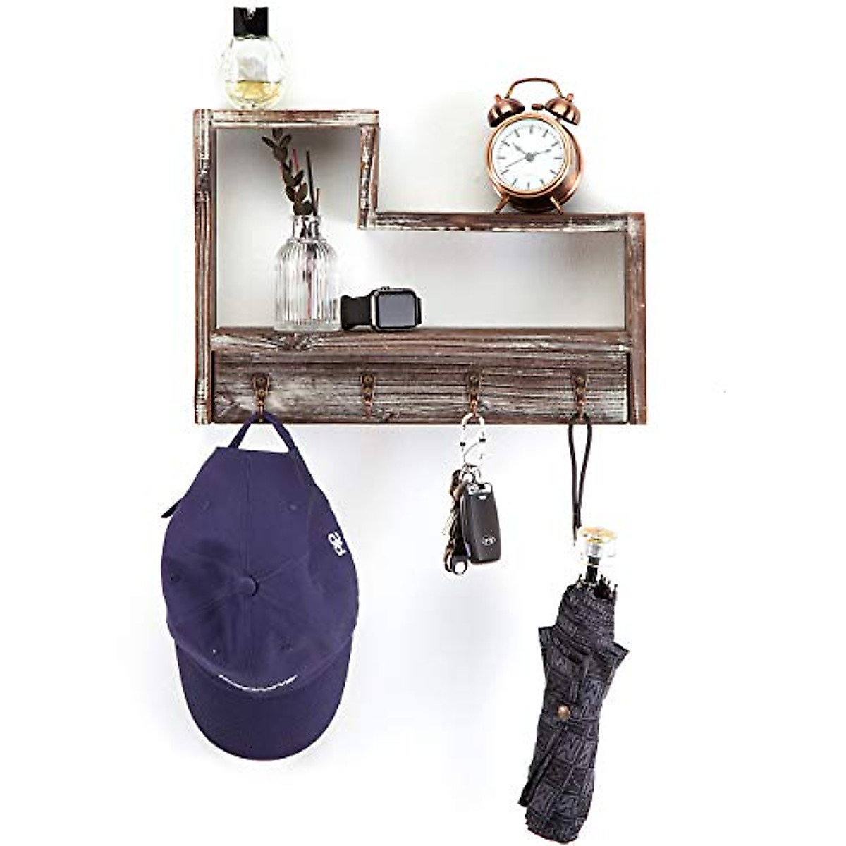 J JACKCUBE DESIGN Wall Mount Entryway Key Holder Rustic Wood Hanging Shelf with 4 Hooks for Keys, Mails, Home Decor Display Wooden Cubby Rack Hanger- MK537A