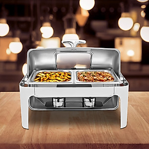 14.26Qt Stainless Steel Chafing Dish Buffet Set with Visible Roll Top Chafing Dishes Buffet Set Retangle with Rolling Top 2 Detachable Food Pans Catering Food Warmer for Hotels Party Wedding