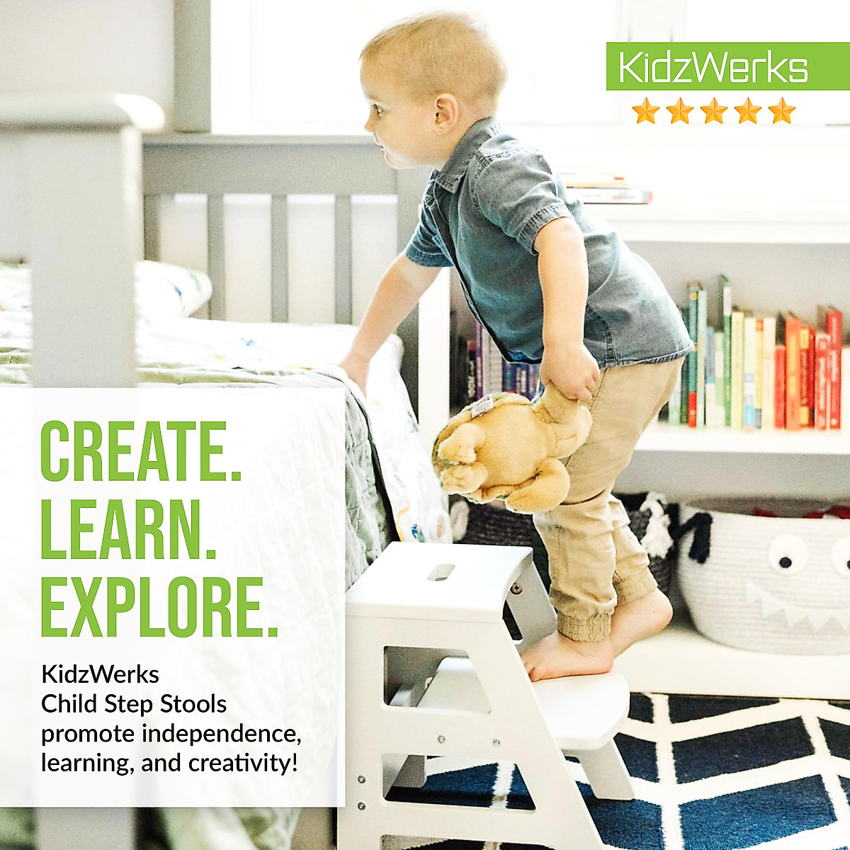 KidzWerks Kids Step Stool for Toddlers Bathroom Kitchen Potty Wooden Children’s Stepping Standing 2-Step Ladder, White