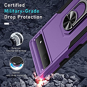Google Pixel 6a 5G Case with Screen Protector + Camera Lens Protector,Heavy Duty Shockproof Full Body Protective Phone Cover,Built in Rotatable Magnetic Ring Holder Kickstand,2022 Lavender