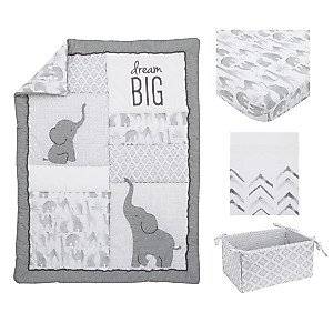 NoJo Elephant Tribe Grey and White 4 Piece Nursery Crib Bedding Set - Comforter, Fitted Crib Sheet, Dust Ruffle, Nursery Organizer