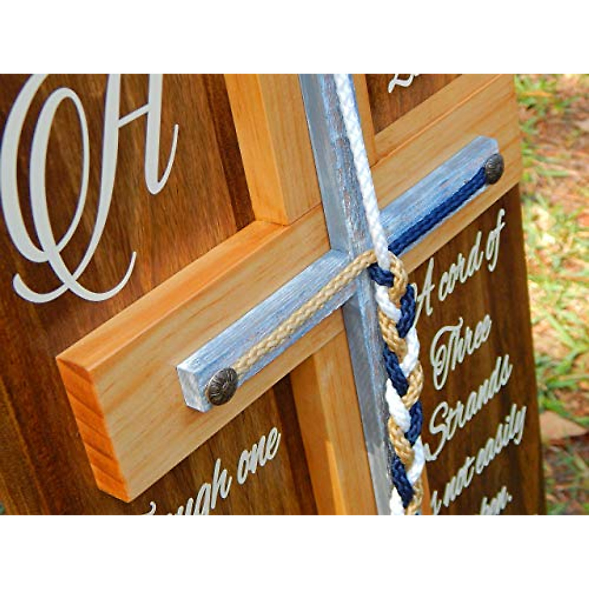 A cord of Three Strands, Wood Cross, Braids Sign, Rustic Wedding Ideas, Wall Decor 20 T X 14 W