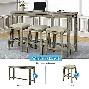 Quarte 4-Piece Counter Height Bar Table Set, Multipurpose Dining Room Set with Fabric Padded Stools and Socket,Wood Rustic Dining Set