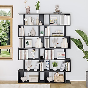Yusong S Shaped Bookshelf, Modern Geometric Bookcase, 6-Tier Black Display Case Book Shelf