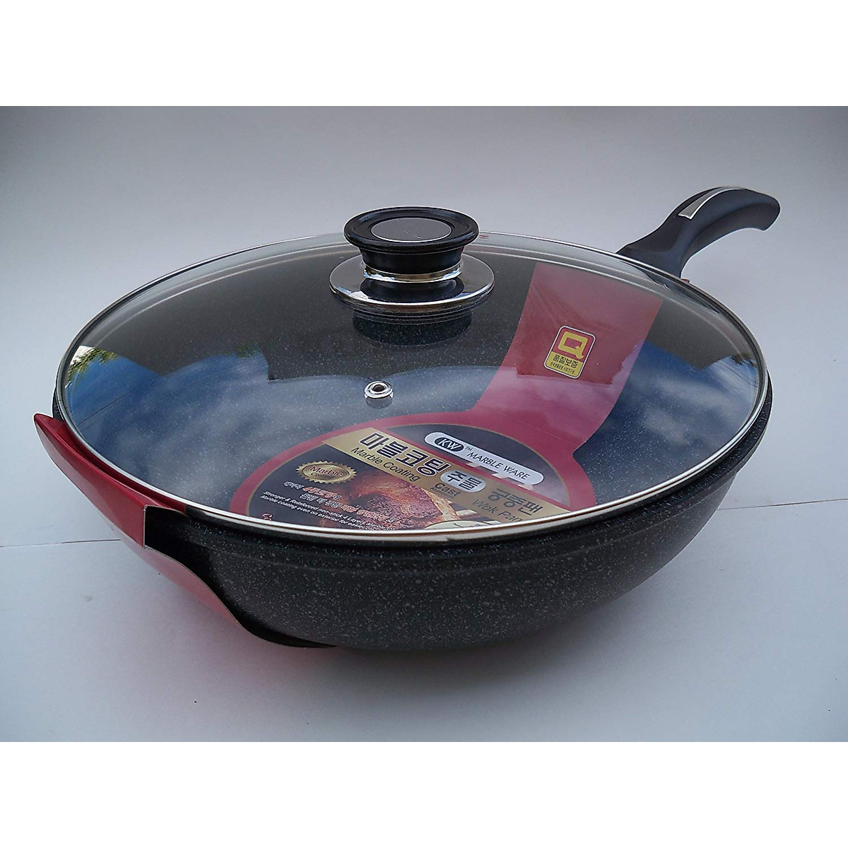 Ceramic Marble Coated Cast Aluminium Non Stick Stir Fry Wok With Glass Lid (34 cm)