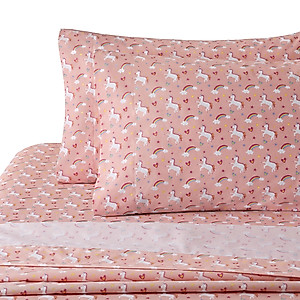 Marina Decoration Kids Girls Toddlers Cute Printed 600 Thread Count Soft Deep Pocket Cotton Blend Percale All Season 3 Pieces Bedding Sheet Set, Pink Unicorn Rainbow Pattern Twin/Single Size