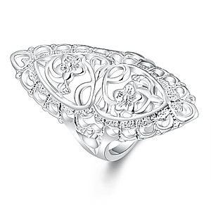 QOBEBOTA Elegant Size 9 Sterling Silver Plated Statement Rings Hollow Carved Flower Full Finger Ring Wide Band Birthday Gifts Chunky Silver Thumb Rings Cocktail Rings for Women