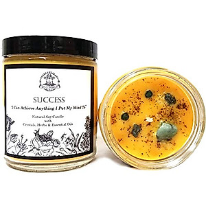 Success Affirmation Soy Candle with Raw Emeralds and Pyrite Crystals for (Wiccan, Pagan, Magick, Spirituality)